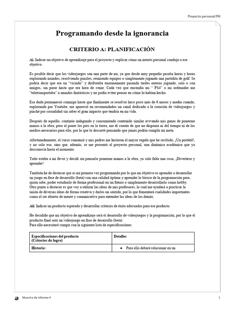 4 PAI Programando Muestra Informe S | PDF | Videojuegos | Animación