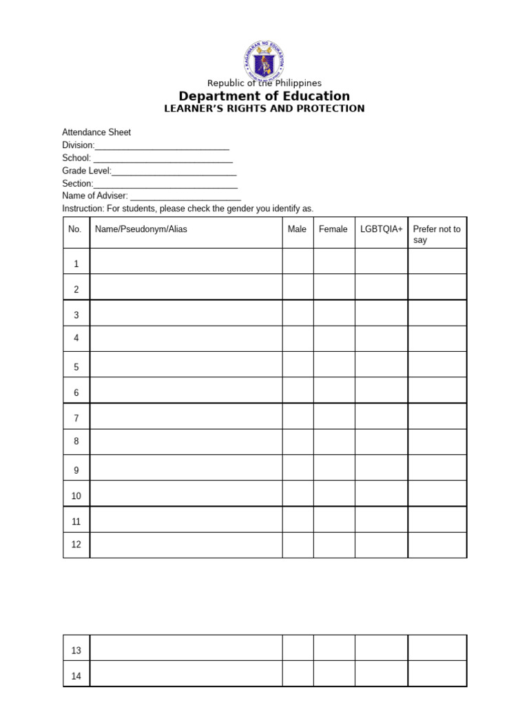 Learner's Rights Attendance Sheet | PDF