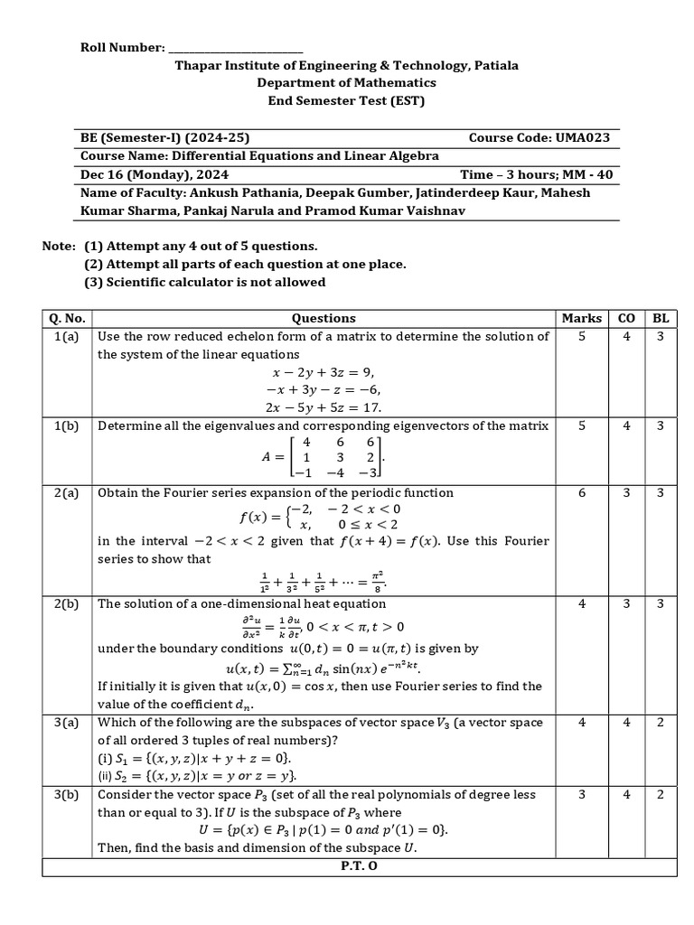 EST Q Paper & Solution - UMA023 | PDF | Linear Subspace | Eigenvalues And Eigenvectors