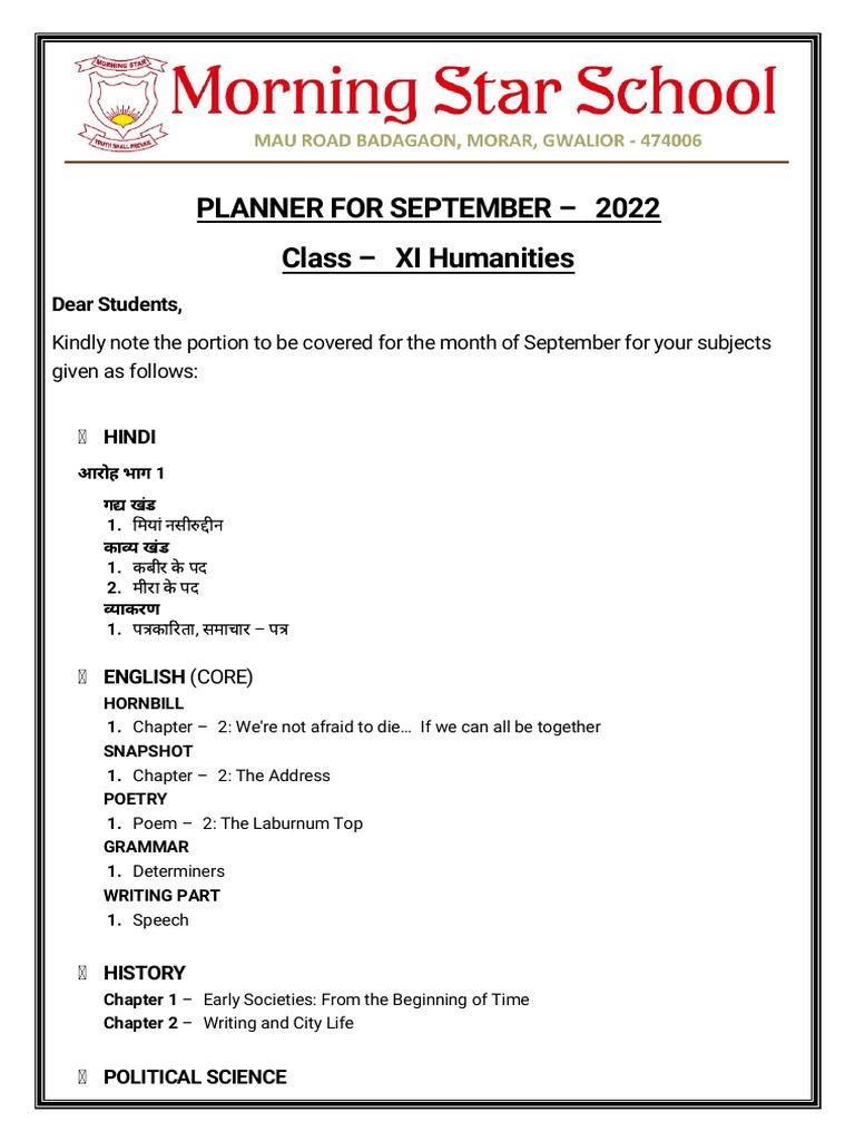 Class 11th Humanities September Planner | PDF