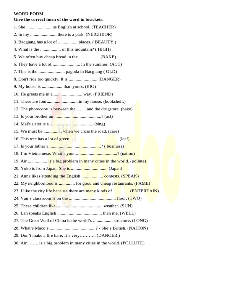 Word Form Exercise with Answers | PDF