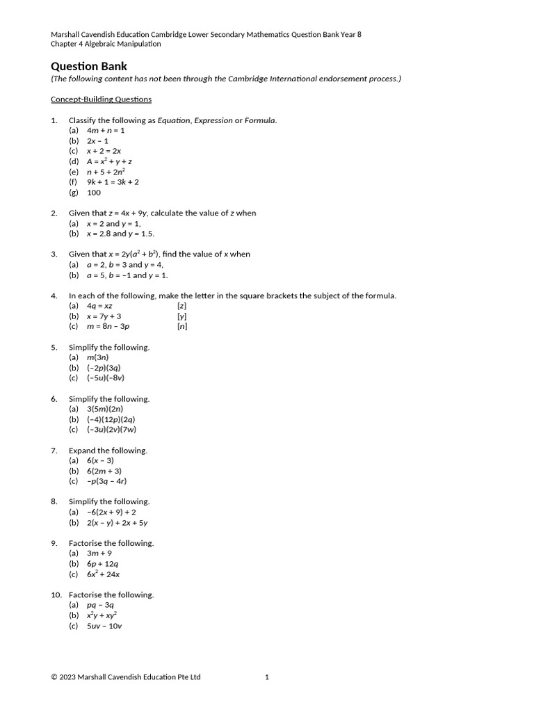 Year 8 Algebraic Manipulation Questions | PDF | Formula | Equations