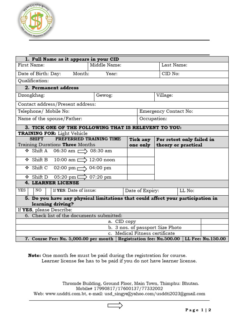 Basic Driving Training Registration Form | PDF