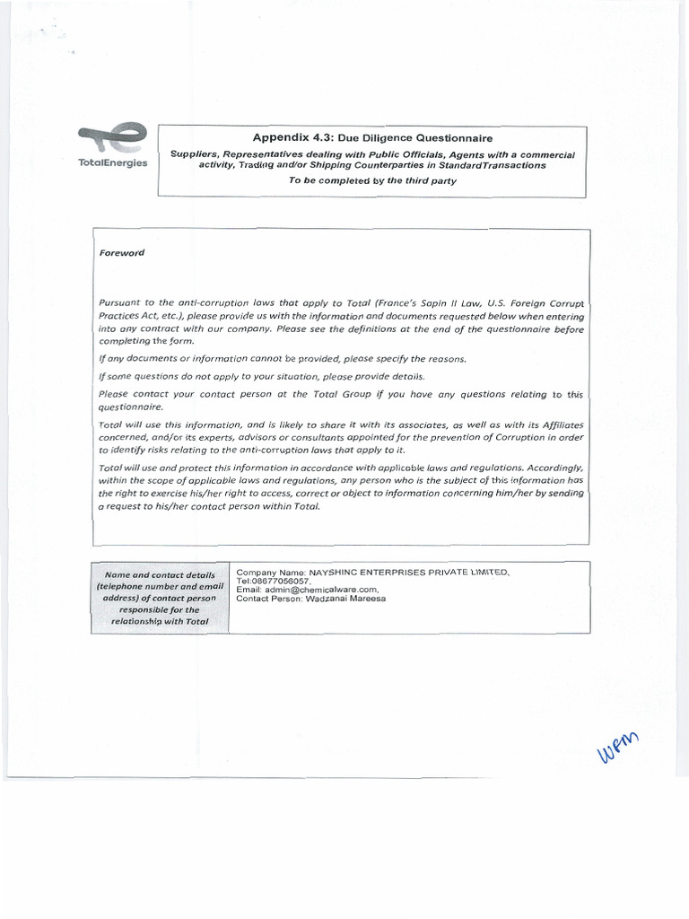 Due Diligence Questionnaire | PDF