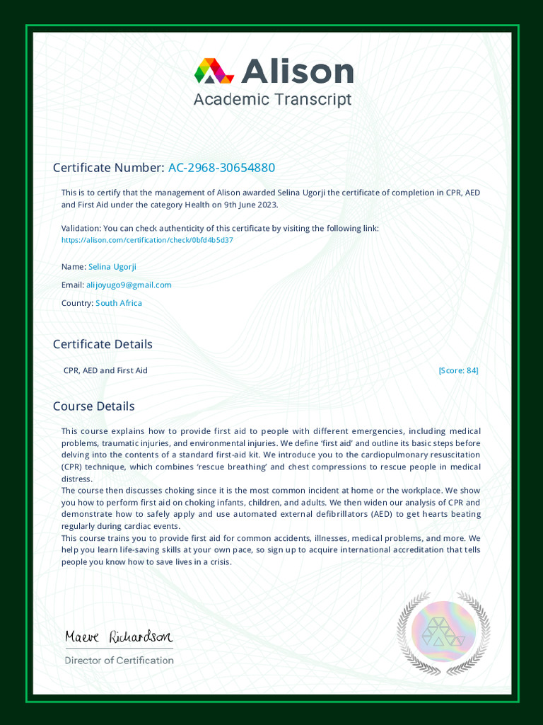 Alison Certificate Transcript CPR, Aed and First Aid | PDF