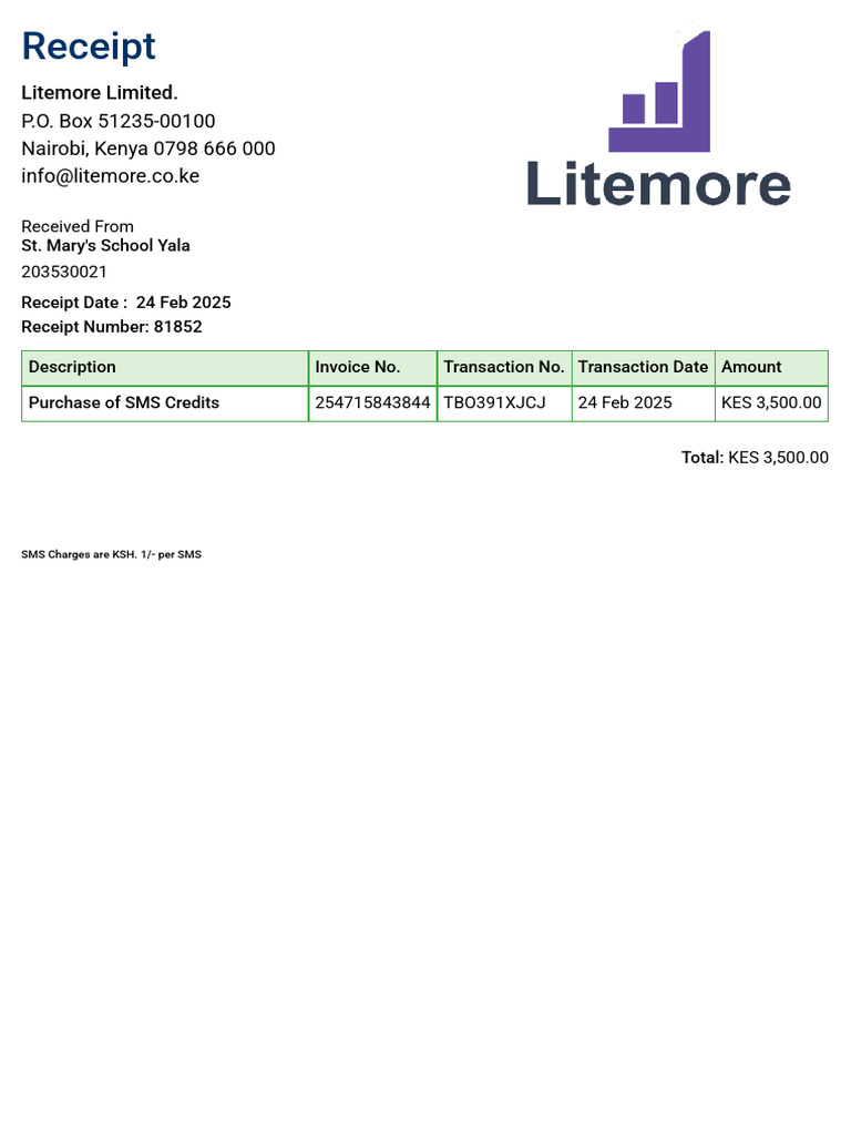 St. Mary's School Yala SMS Credits Receipt | PDF