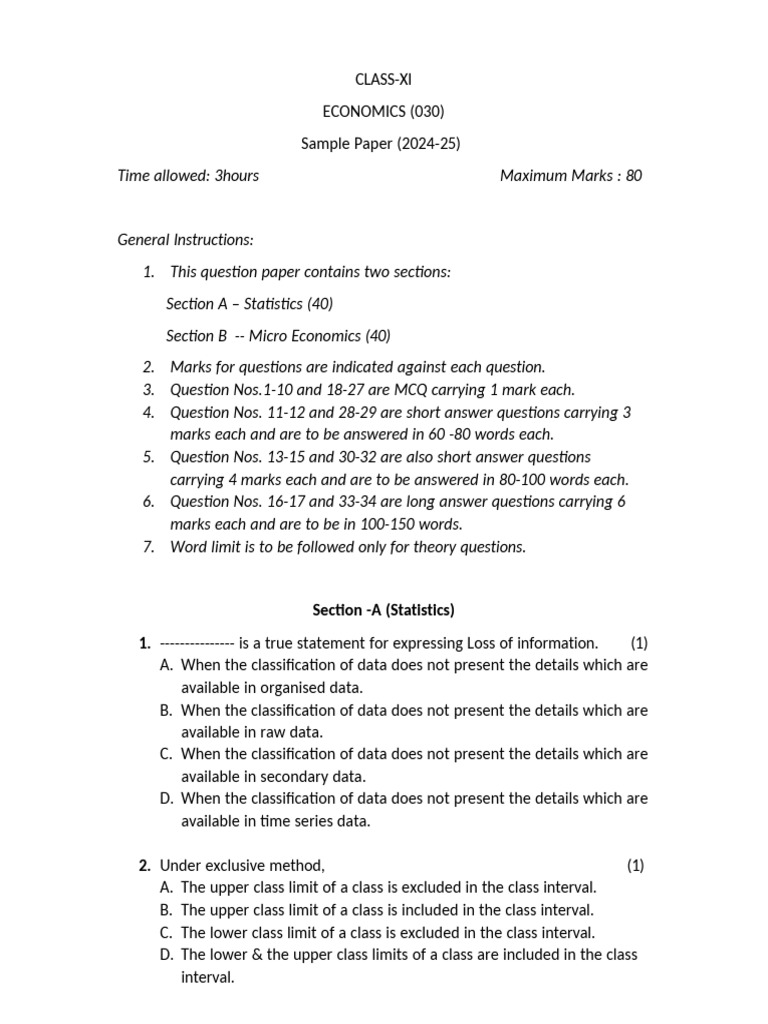 Class 11 Economics Sample Paper 2024-25 | PDF | Mean | Statistics