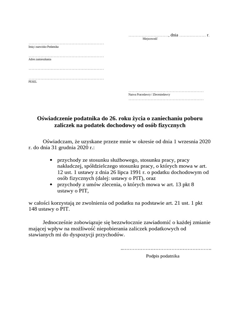 Oswiadczenie Podatnika Zerowy PIT | PDF