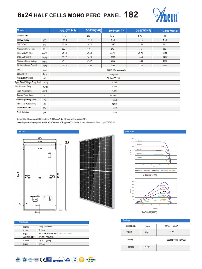 550W Half-Cut Solar Panel Datasheet | PDF | Solar Panel | Solar Power