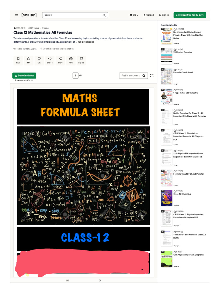 Class 12 Math Formula Sheet | PDF | Scribd