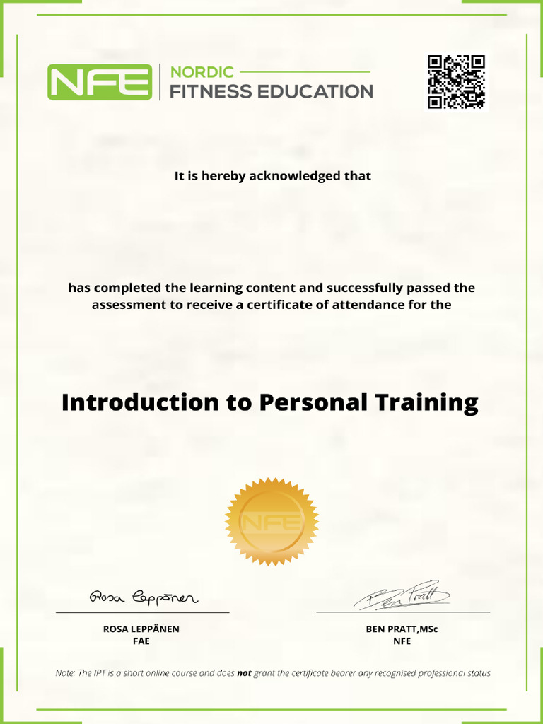 Intro PT - Certificate - Introduction To Personal Training | PDF