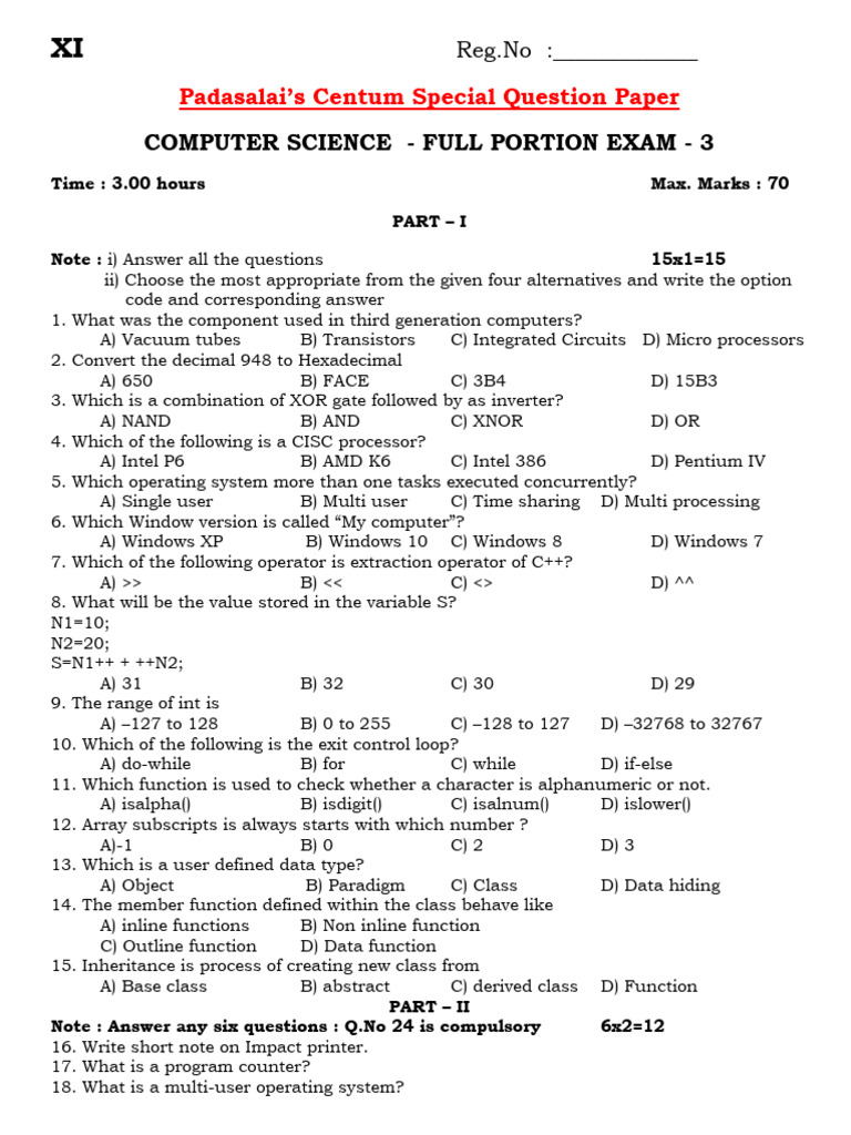 11th Computer Science EM Centum Special Public Exam Model Question Paper 3 English Medium PDF ...