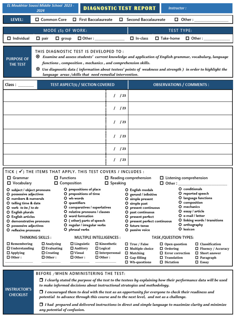 Diagnostic Test Report for English Skills | PDF | English Language | Syntax