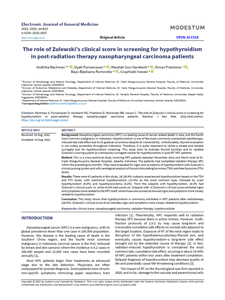 The Role of Zulewskis Clinical Score in Screening For Hypothyroidism in Post Radiation Therapy ...