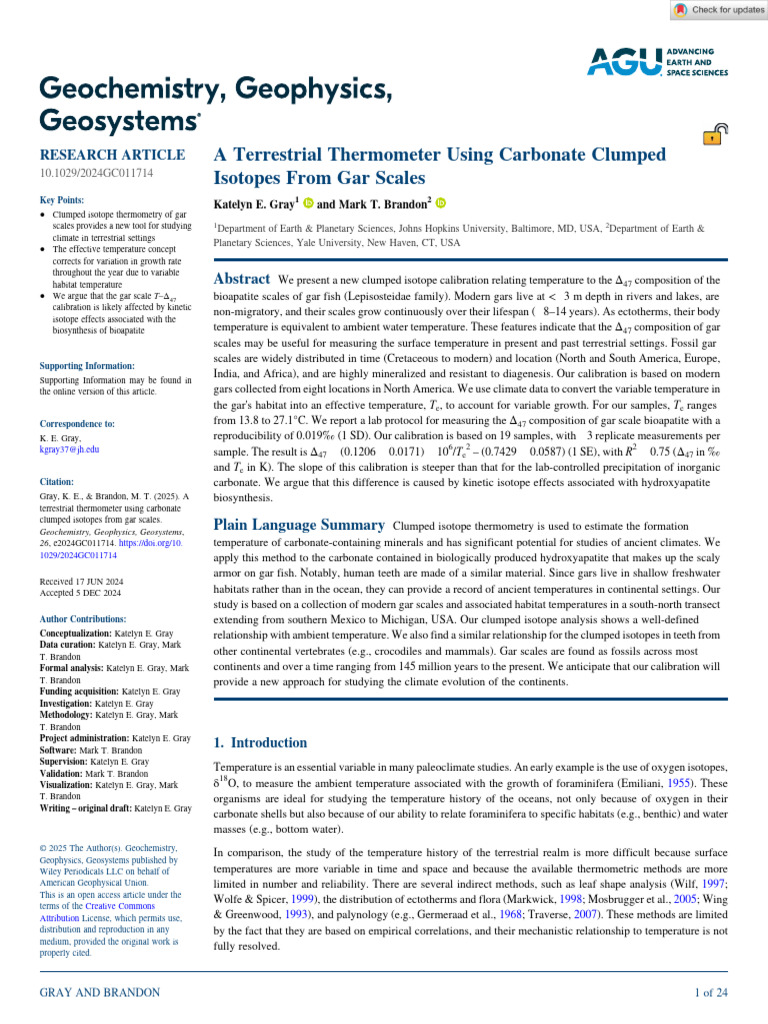 Geochem Geophys Geosyst - 2025 - Gray - A Terrestrial Thermometer Using Carbonate Clumped ...