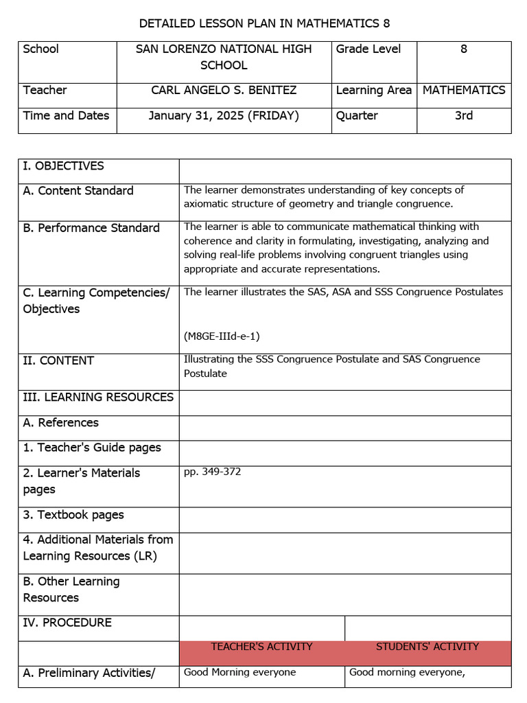 Lp in Sss and Sas Congruence Postulate | PDF | Triangle | Elementary ...