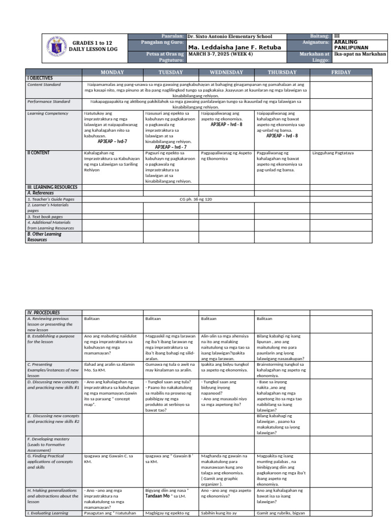 DLL - Araling Panlipunan 3 - Q4 - W3 | PDF