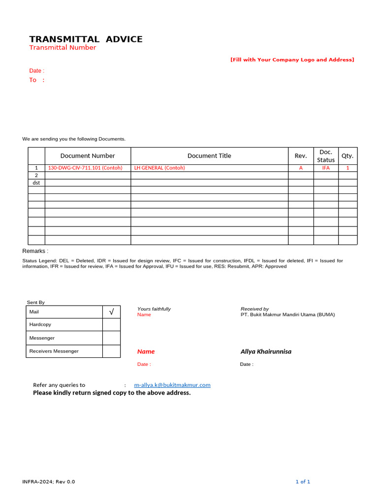 Document Transmittal Advice Template | PDF