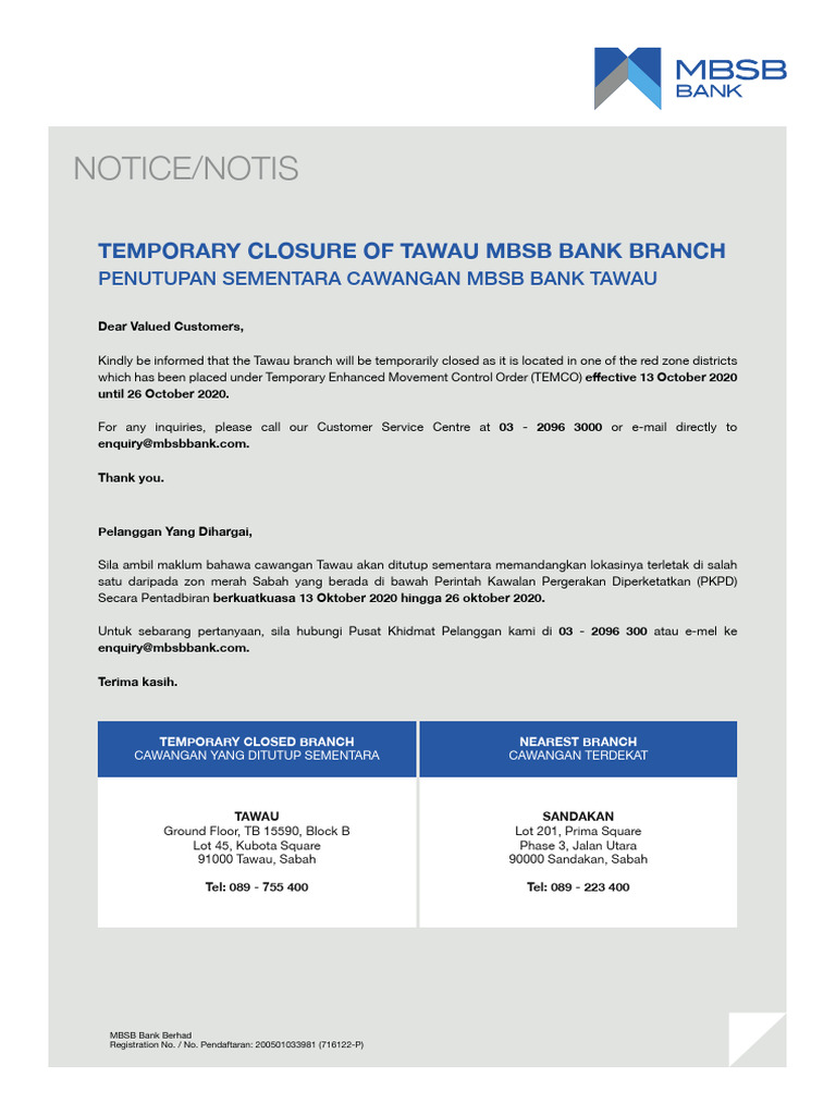 Notice - Temp Branch Closure (Tawau) (13 Oct) | PDF