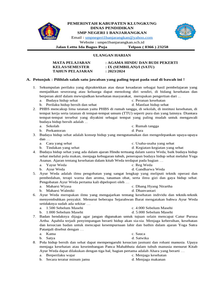 Soal Uh 2 Budaya Hidup Sehat 20232024 | PDF