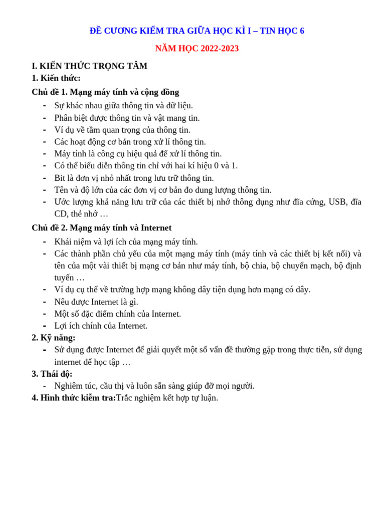 De Cuong Kiem Tra Giua Hoc Ki 1 Tin Hoc Lop 6 Nam Hoc 2022 2 D58M7gHh4H69An 025559 | PDF