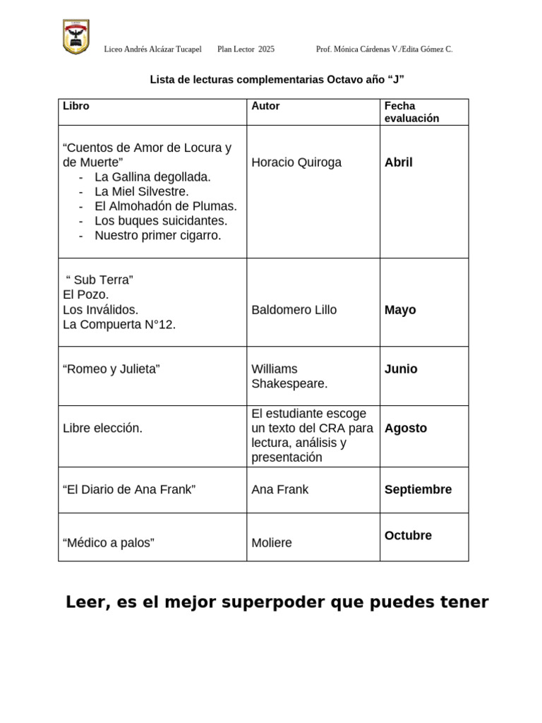Lecturas Complementarias Octavo 2025 | PDF
