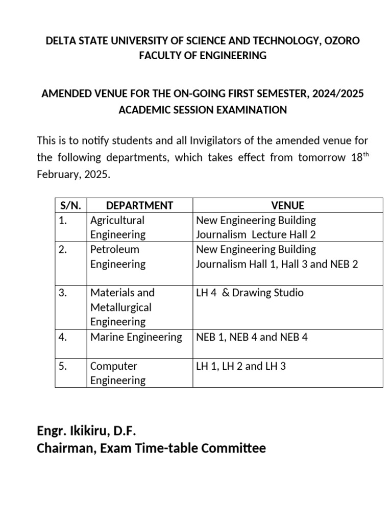 Delta State University Exam Venue Update | PDF