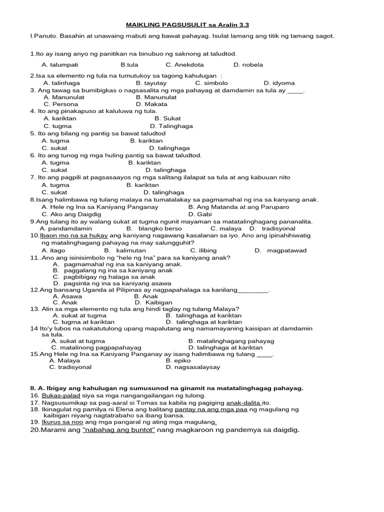 MAIKLING PAGSUSULIT Sa Aralin 3.3 | PDF