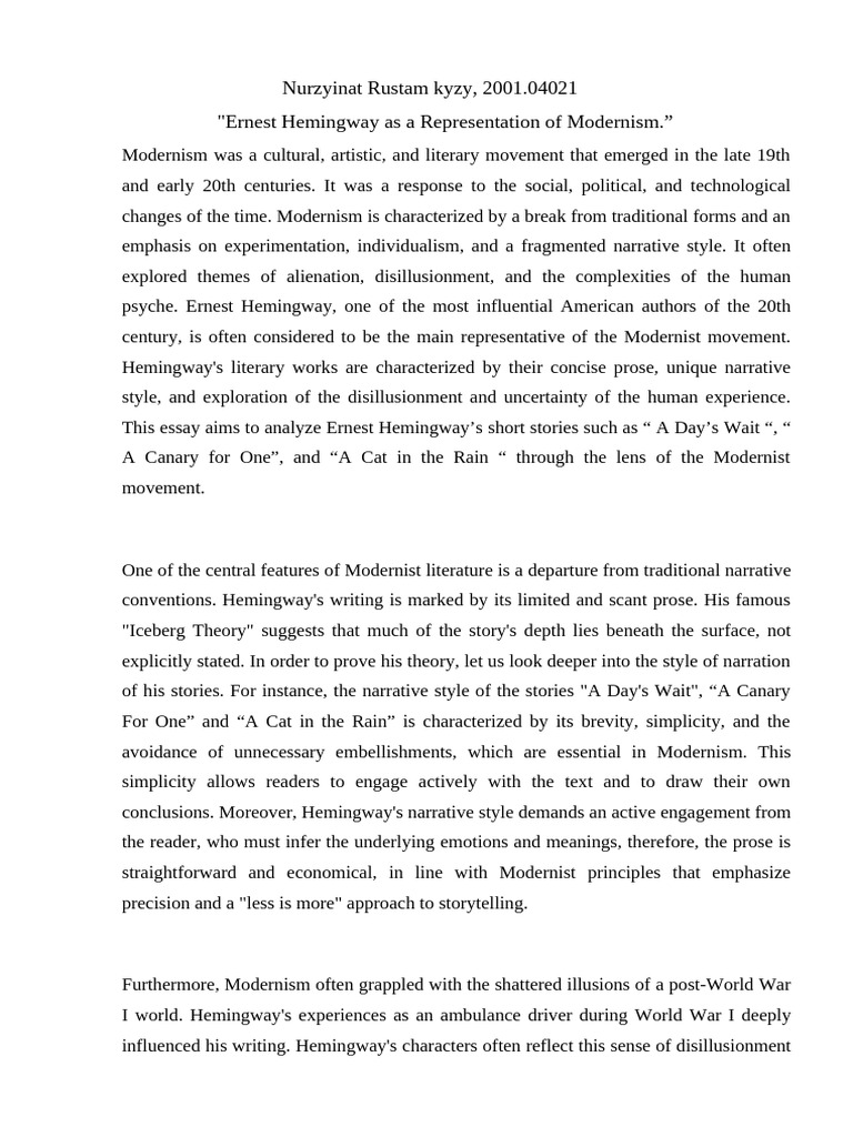 Ernest Hemingway As A Representation of The Modernist Movement | PDF ...