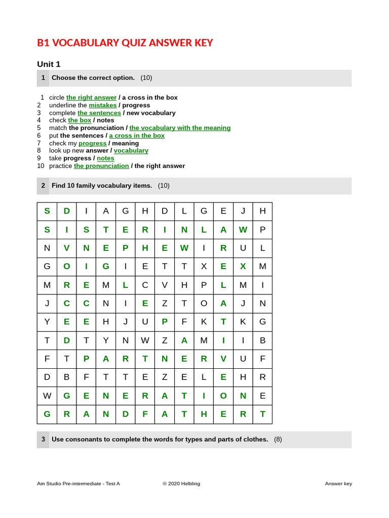 B1 Vocabulary Quiz Answer Key | PDF | Employment | Newspapers