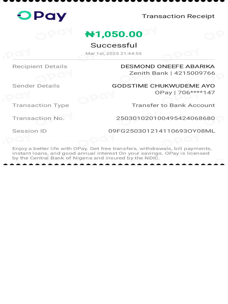 Successful OPay Transaction Receipt | PDF