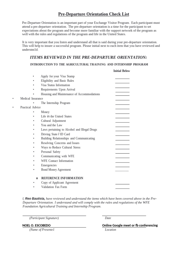Predeparture Orientation Checklist - WFE-Reo | PDF