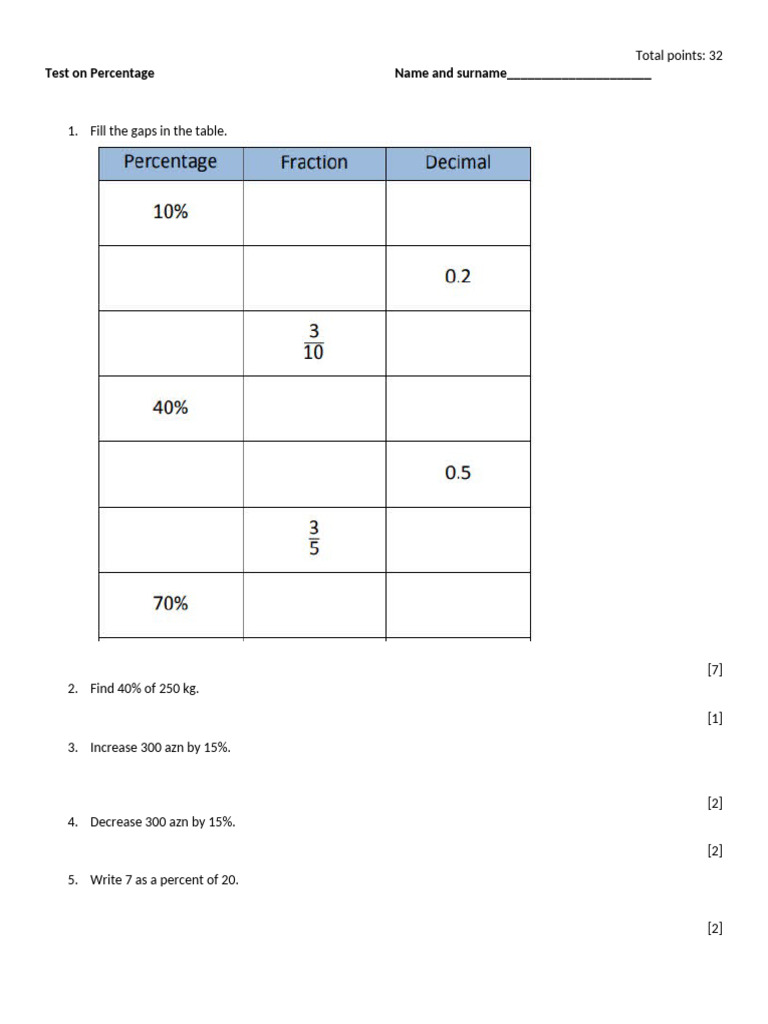 Percentage Test Worksheet | PDF