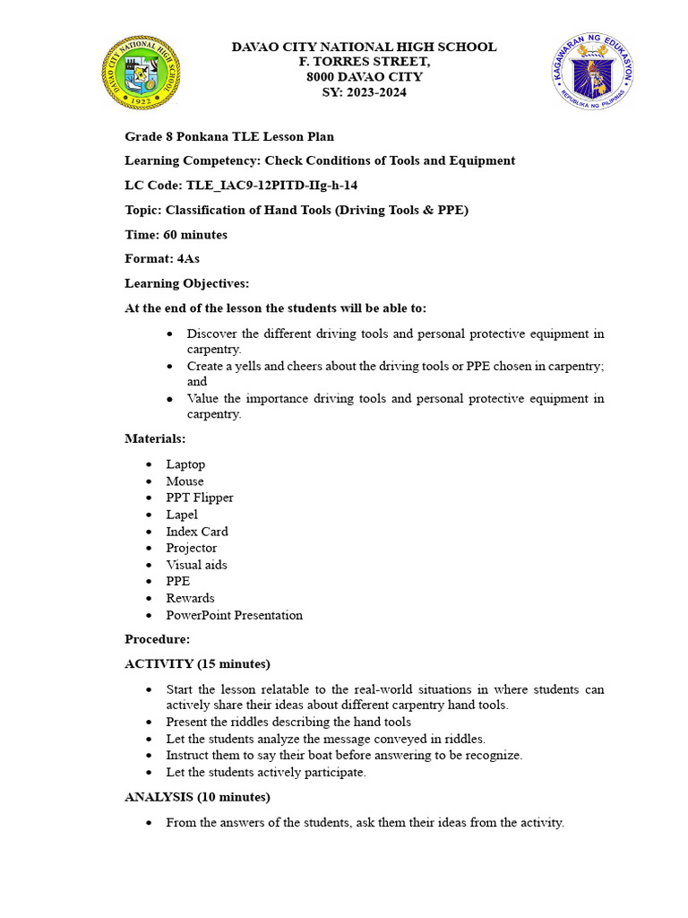 Lesson Plan Driving Tools and PPE | PDF | Critical Thinking | Learning