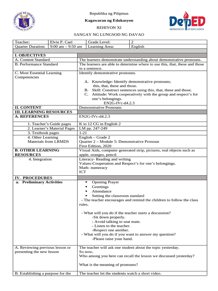 Demonstrative Pronoun Lesson Plan | PDF | Learning | Teachers