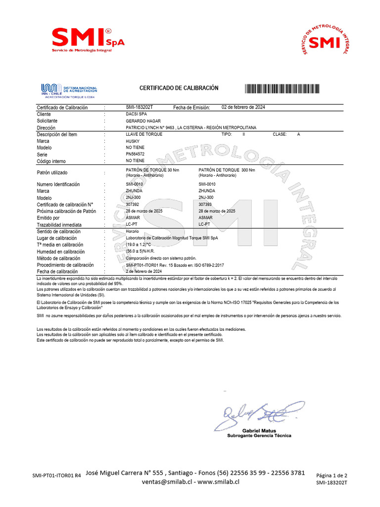 SMI-183202T CERTIFICADO DE LLAVE DE TORQUE | PDF | Calibración | Cantidades fisicas