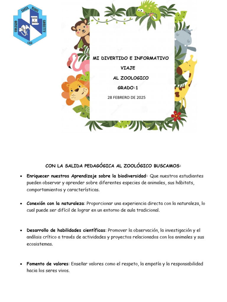 Aprendizaje en el Zoológico para 1º Grado | PDF