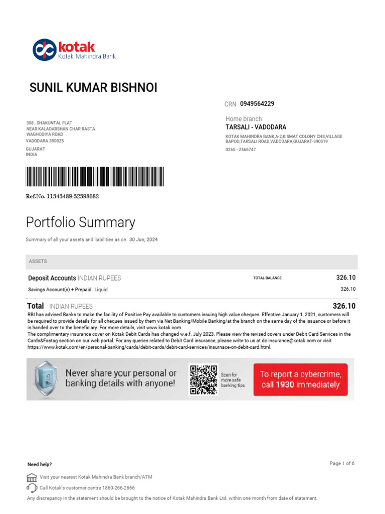 Kotak Bank Statement | PDF | Banks | Payments
