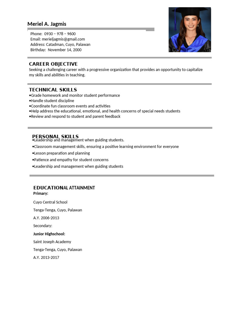 Sample Resume For Fresh Graduate Without Work Experience | PDF