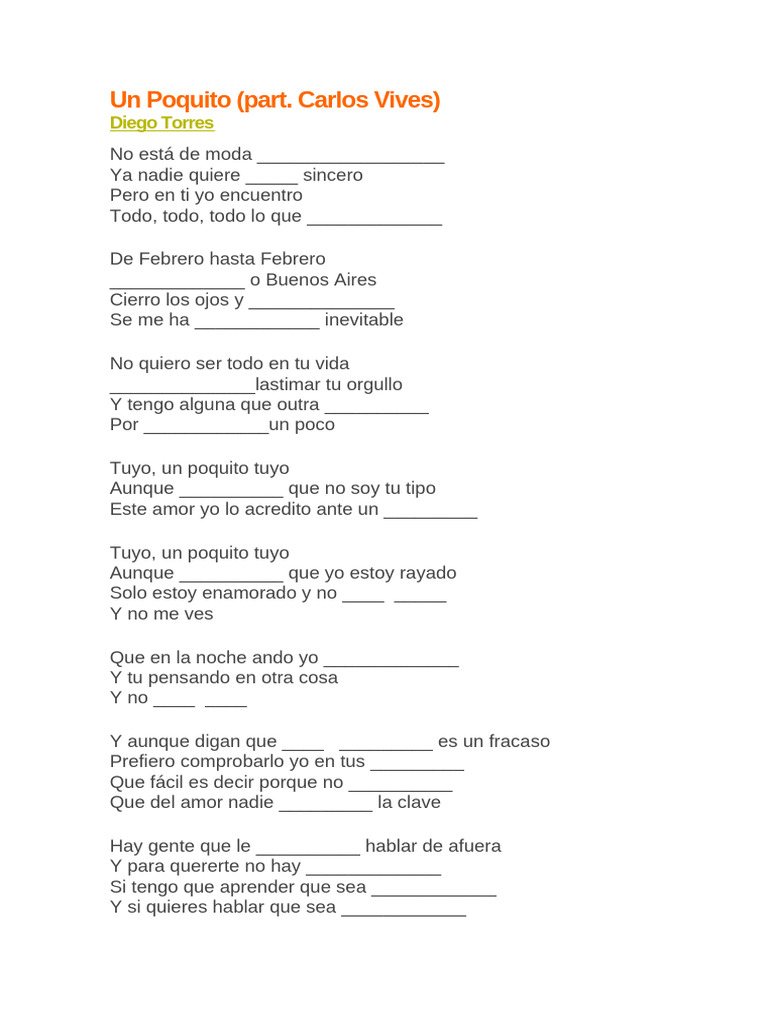 Letra de "Un Poquito" - Diego Torres y Carlos Vives | PDF