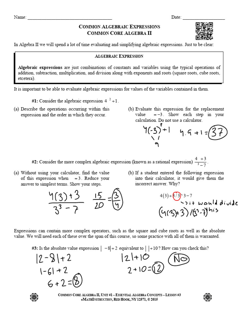Common Core Algebra II: Expressions Guide | PDF | Algebra | Multiplication