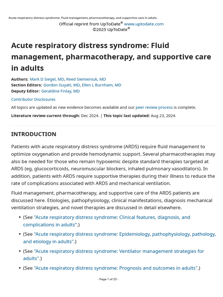 Acute Respiratory Distress Syndrome Fluid Management, Pharmacotherapy ...