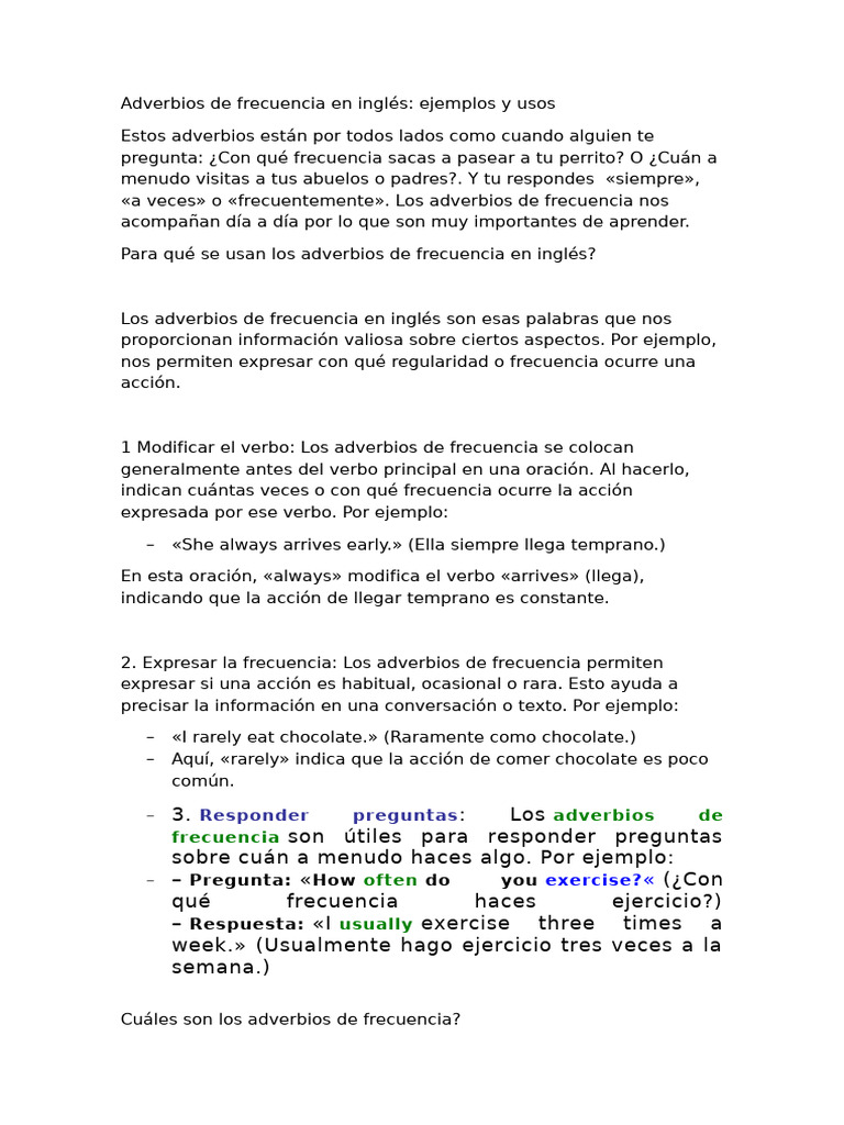 Adverbios de Frecuencia Clase de 2 Do Año | PDF | Adverbio | Verbo