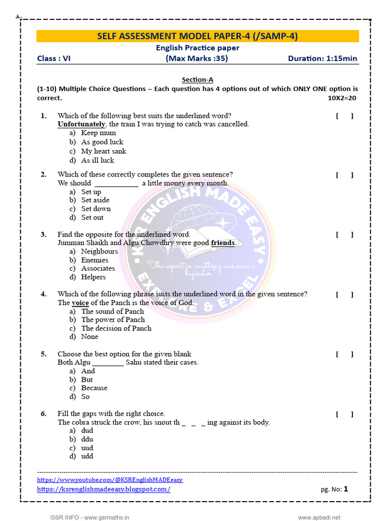 VI English SAMP-4 (FA4) Model Practice Paper-1 | PDF