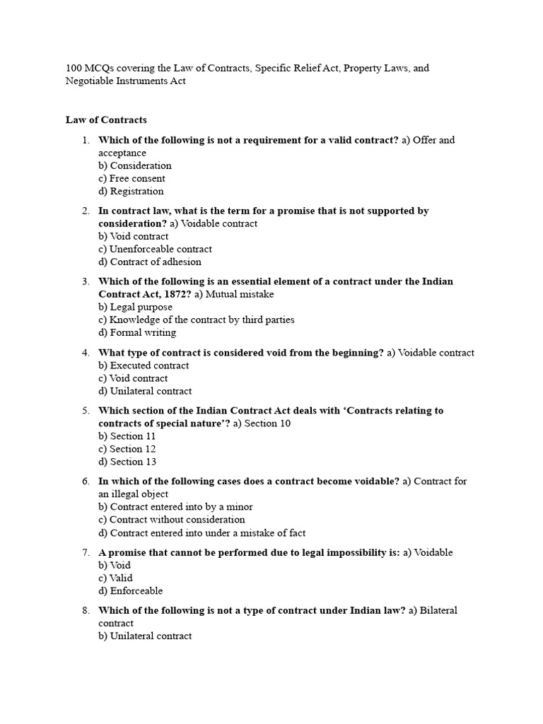 100 MCQs Covering The Law of Contracts Questions | PDF | Negotiable Instrument | Legal Remedy