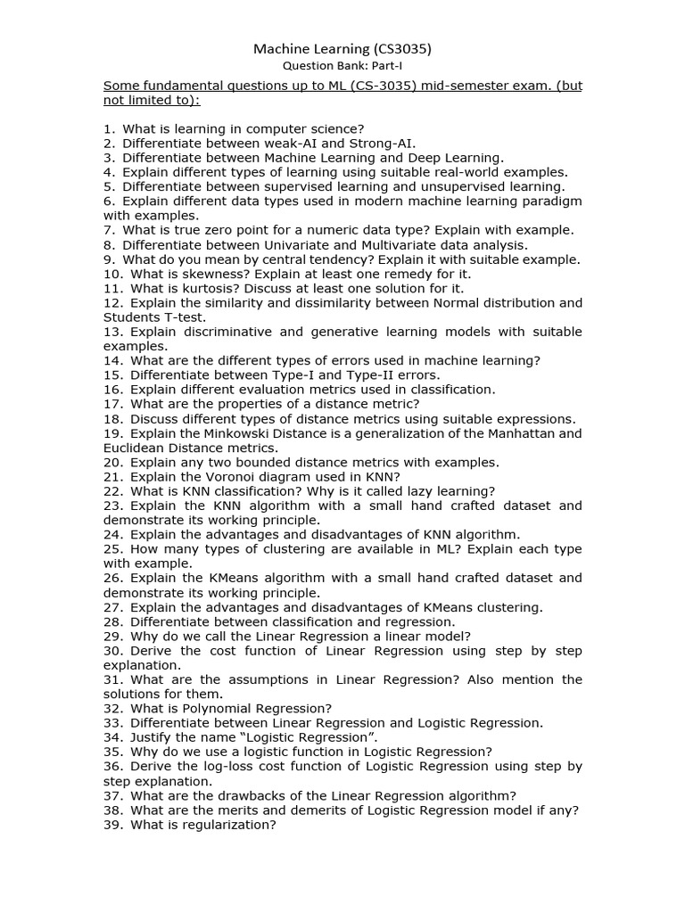 Machine Learning CS3035 Question Bank | PDF | Regression Analysis ...