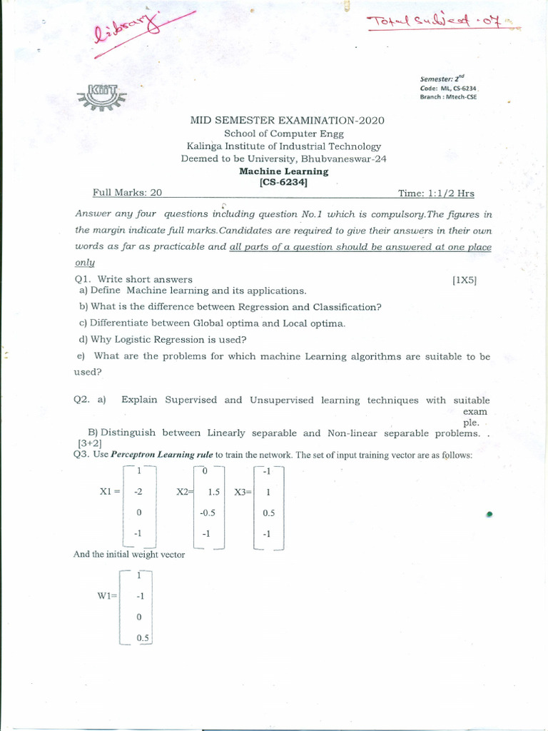 Machine Learning, CS - 6234 - Mid Sem 2020 | PDF