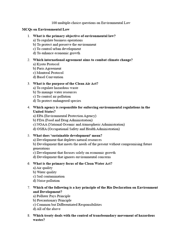 100 Environmental Law MCQs for Study | PDF | Environmental Law | Waste