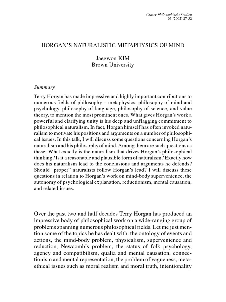 Kim Jaegwon 2002. HORGAN'S NATURALISTIC METAPHYSICS OF MIND | PDF ...
