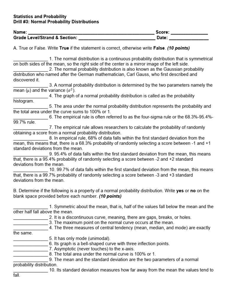 ProbStat-Drill-3 | PDF | Normal Distribution | Mean